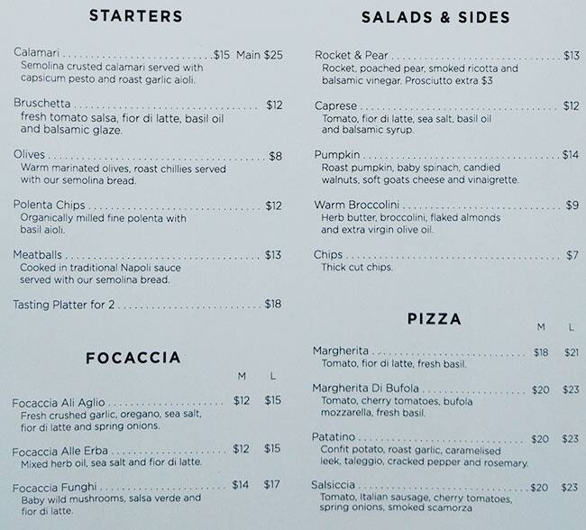 Menu at Mulino woodfire pizzeria, Bulleen
