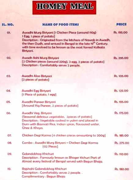 Menu of Homely Meal, Behala, Kolkata