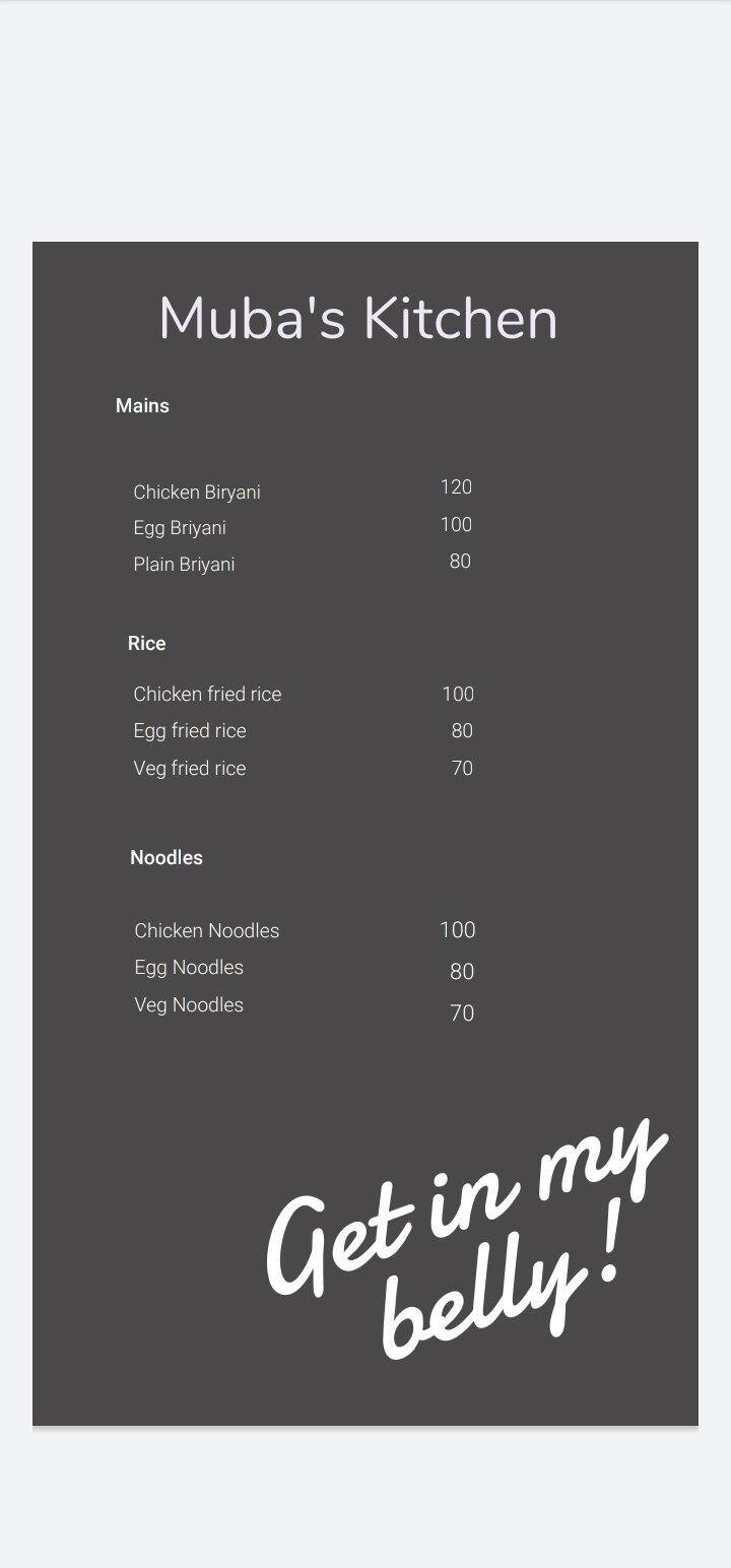 Menu of Muba's Kitchen, Tambaram, Chennai
