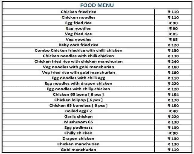Menu of R K Restaurant, Tambaram, Chennai