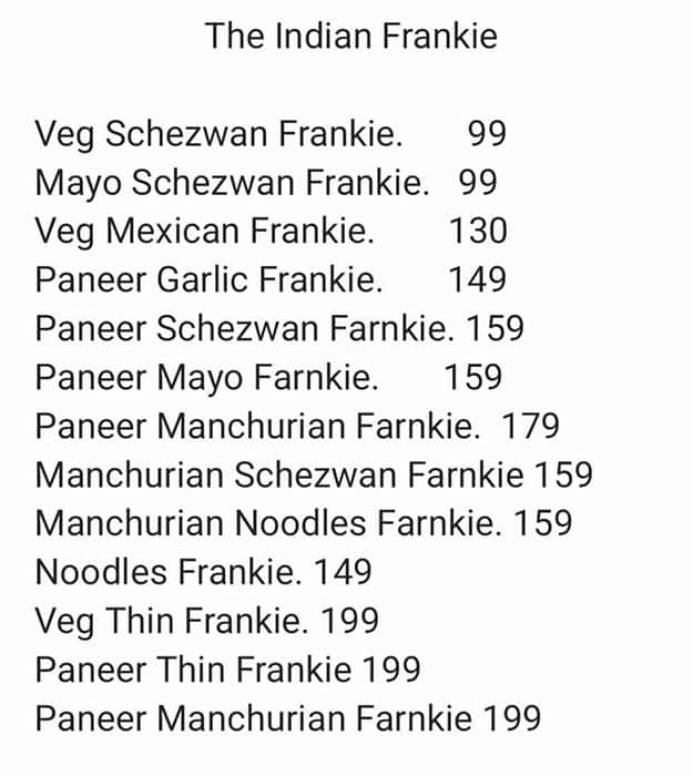 Menu of The Indian Frankie, Chandkheda, Ahmedabad