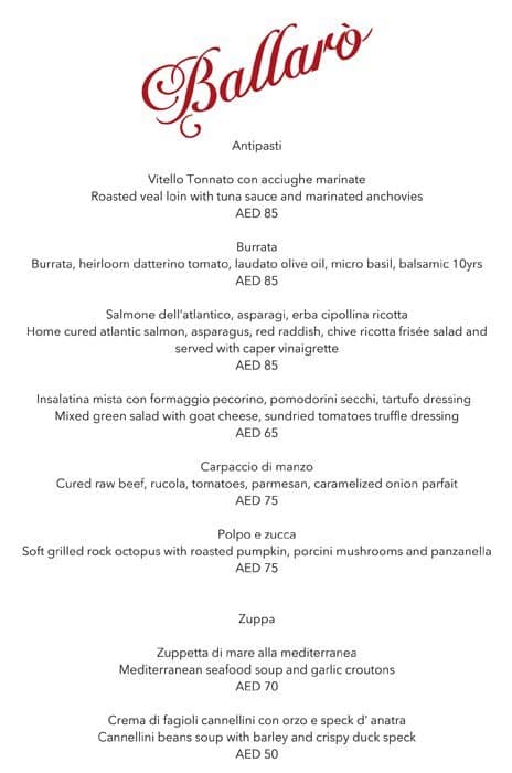 Ballaro - Conrad Dubai Menu, Menu for Ballaro - Conrad Dubai, Trade ...