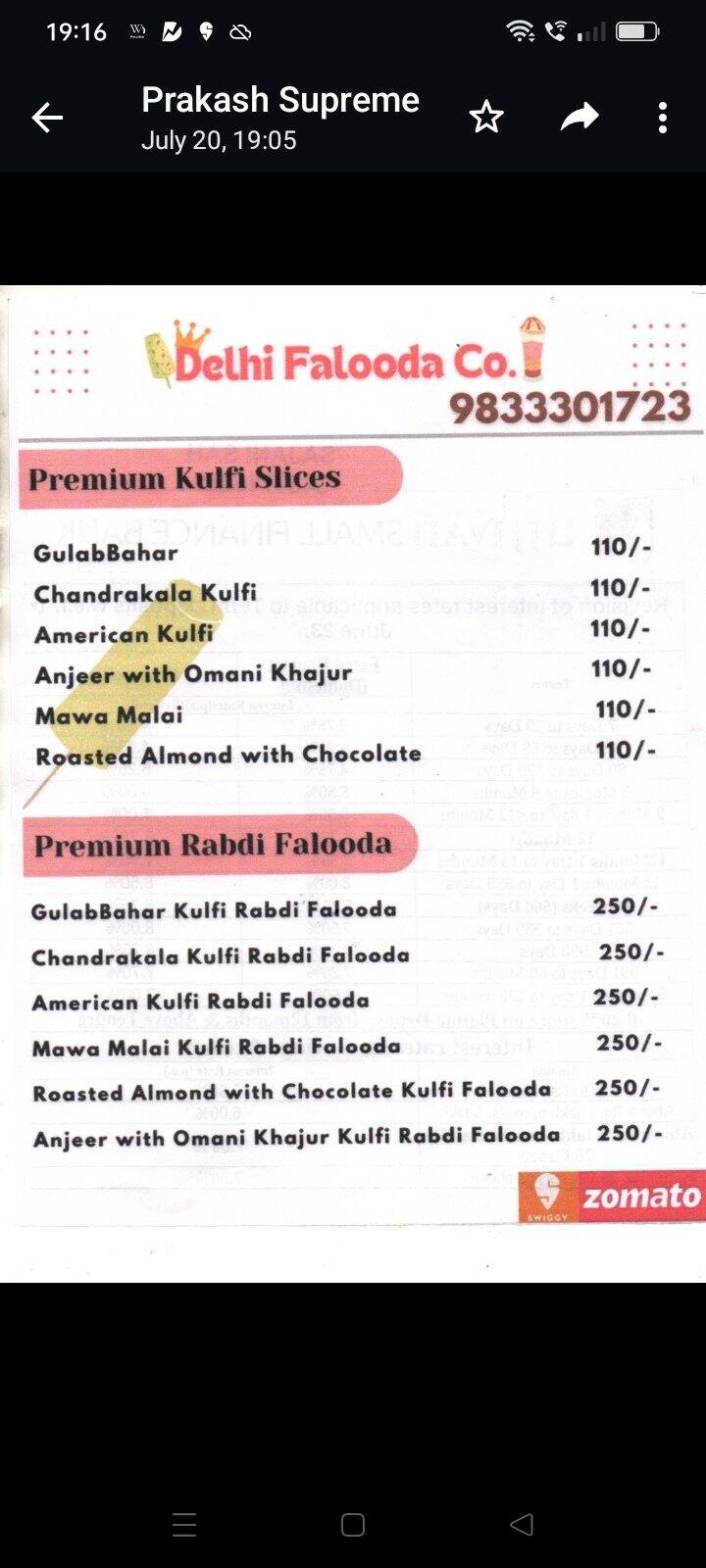 Menu of Delhi Falooda Co., Malad West, Mumbai