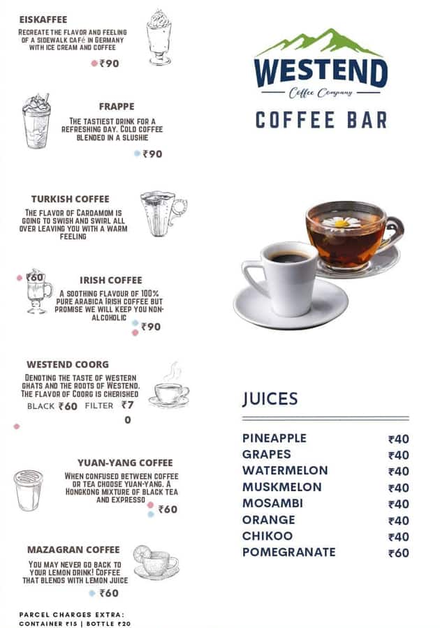 Menu of Westend Coffee Company, Vijay Nagar, Mysore