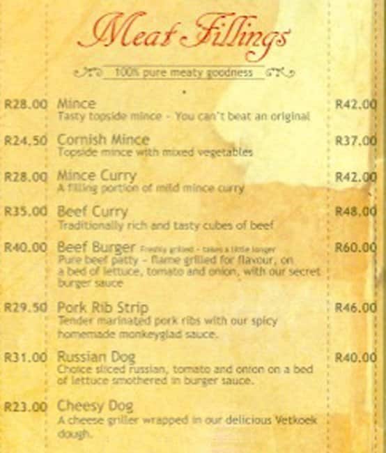 Menu au Vetkoek Maleis, Pretoria, Lenchen Centre