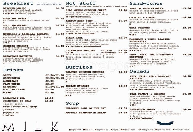 Menu at MILK cafe, Edinburgh, 232 Morrison St