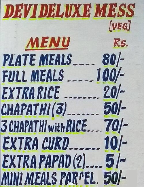 Menu at Devi Deluxe Mess, Secunderabad