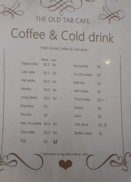 Menu at The Old Tab Cafe, Campsie