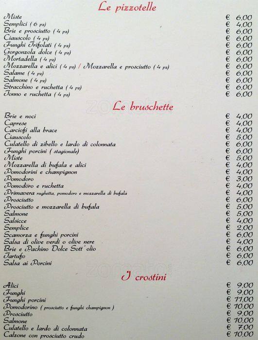 Menu at Il Pomodorino pizzeria, Rome, Via Campania