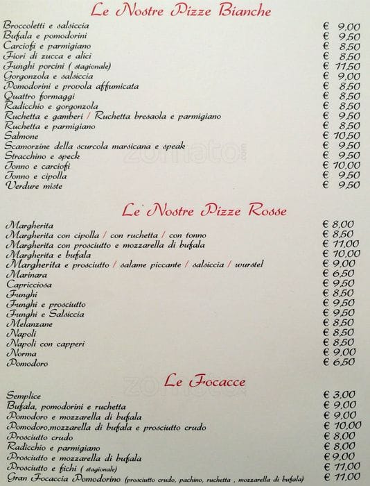 Menu at Il Pomodorino pizzeria, Rome, Via Campania