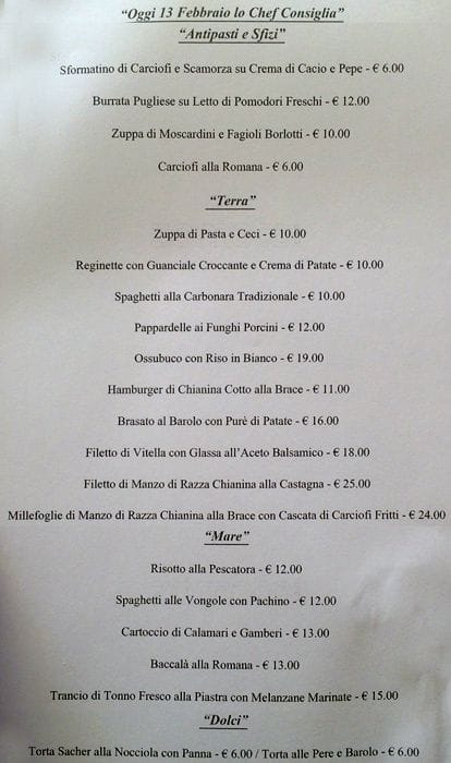 Menu at Il Pomodorino pizzeria, Rome, Via Campania