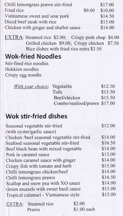 Menu at Adelaide Pho restaurant, Adelaide