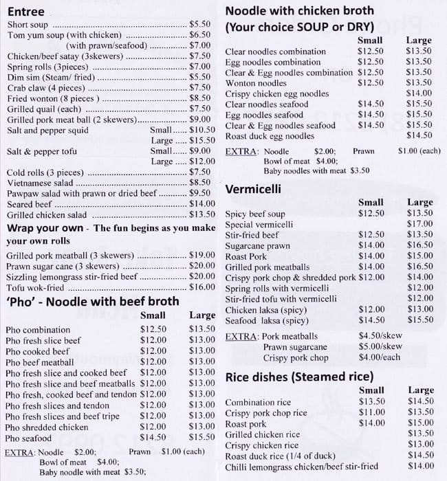 Menu at Adelaide Pho restaurant, Adelaide
