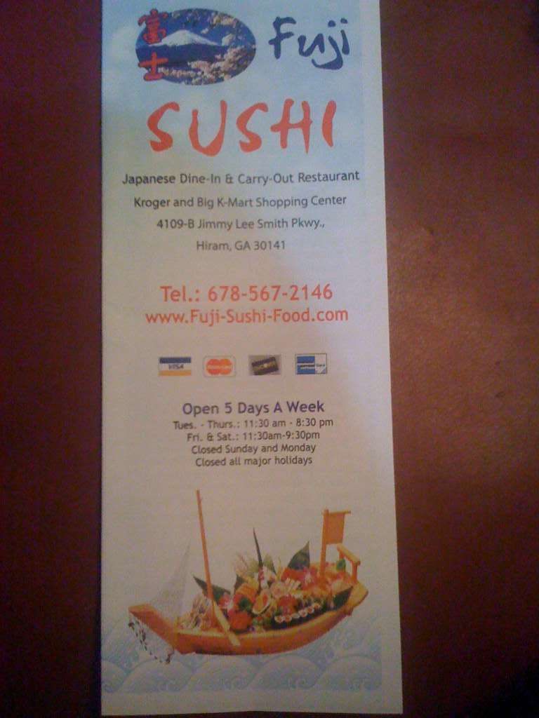 Menu at Fuji Sushi restaurant, Hiram, Jimmy Lee Smith Pkwy b