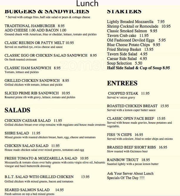 Menu at Ye Shire Tavern pub & bar, Richardson