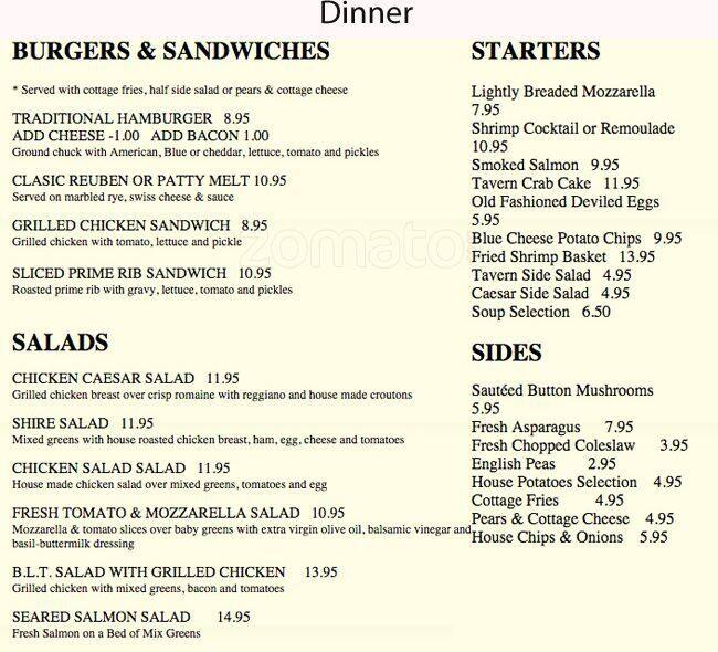 Menu at Ye Shire Tavern pub & bar, Richardson