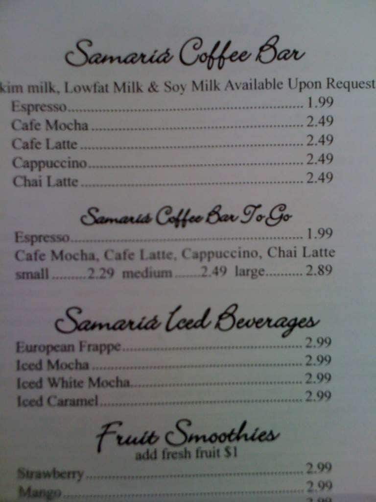 Menu at Samaria Cafe, Tampa