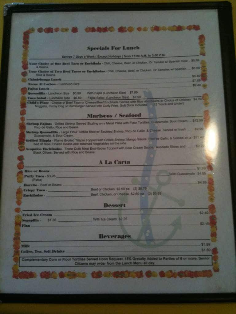 Menu at Las Fuentes restaurant, Gilmer