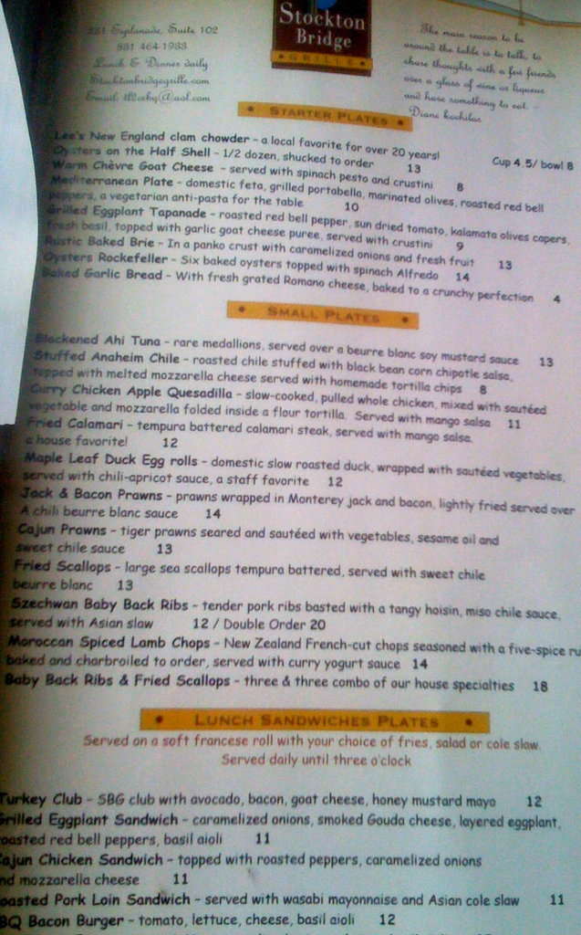 Stockton Bridge Grille Menu, Menu for Stockton Bridge Grille, Capitola ...