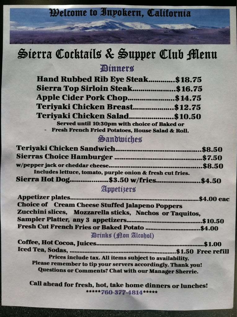 Menu at Sierra Cocktails steakhouse, Inyokern