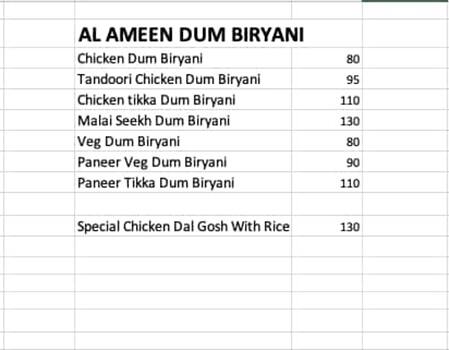 Menu of Al Ameen Dum Biryani, Chinese & Shawarma House, Jogeshwari, Mumbai