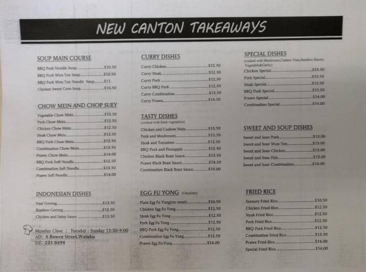 Menu at New Canton Takeaway restaurant, Waiuku