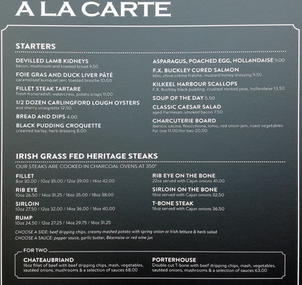 Menu at F.X. Buckley steakhouse, Dublin, 1a Pembroke Street Lower