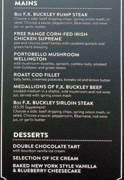 Menu at F.X. Buckley steakhouse, Dublin, 1a Pembroke Street Lower