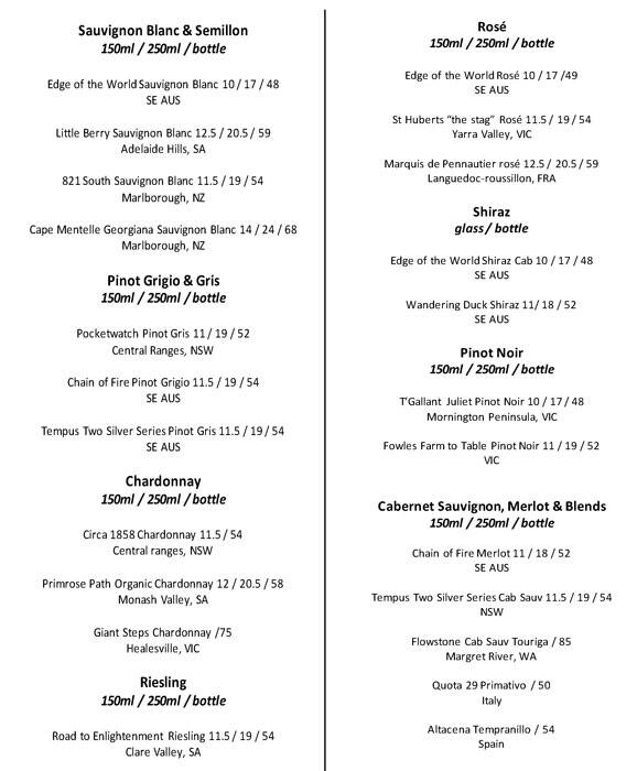 Menu at The Vincent restaurant, Albert Park