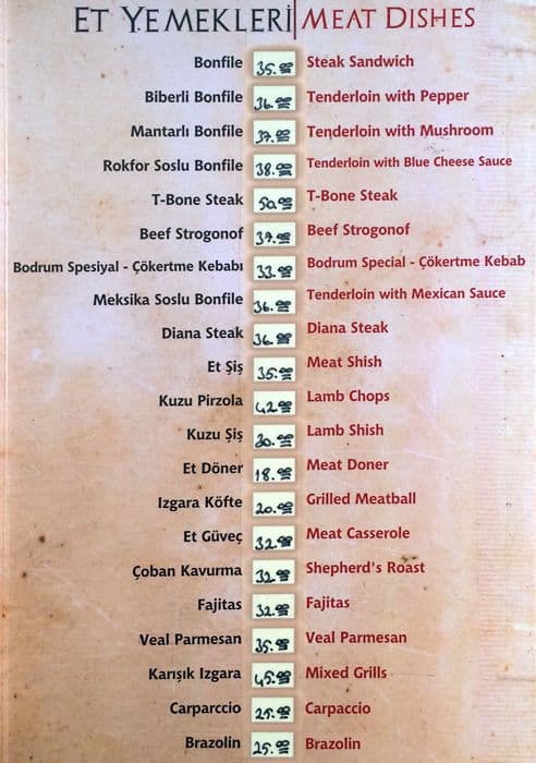 Menu at Artemis Restaurant, Bodrum, Artemis Cd. No:10