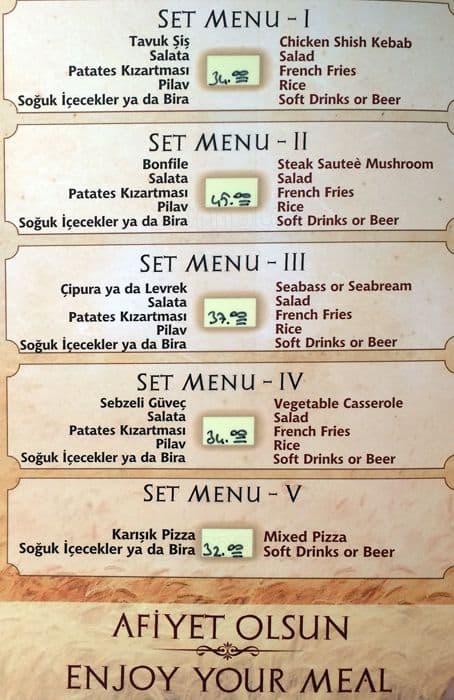 Menu at Artemis Restaurant, Bodrum, Artemis Cd. No:10