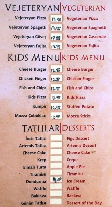 Menu at Artemis Restaurant, Bodrum, Artemis Cd. No:10