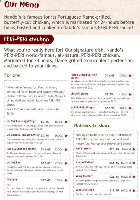 Menu at Nando's Peri-Peri restaurant, Washington, 819 7th St NW