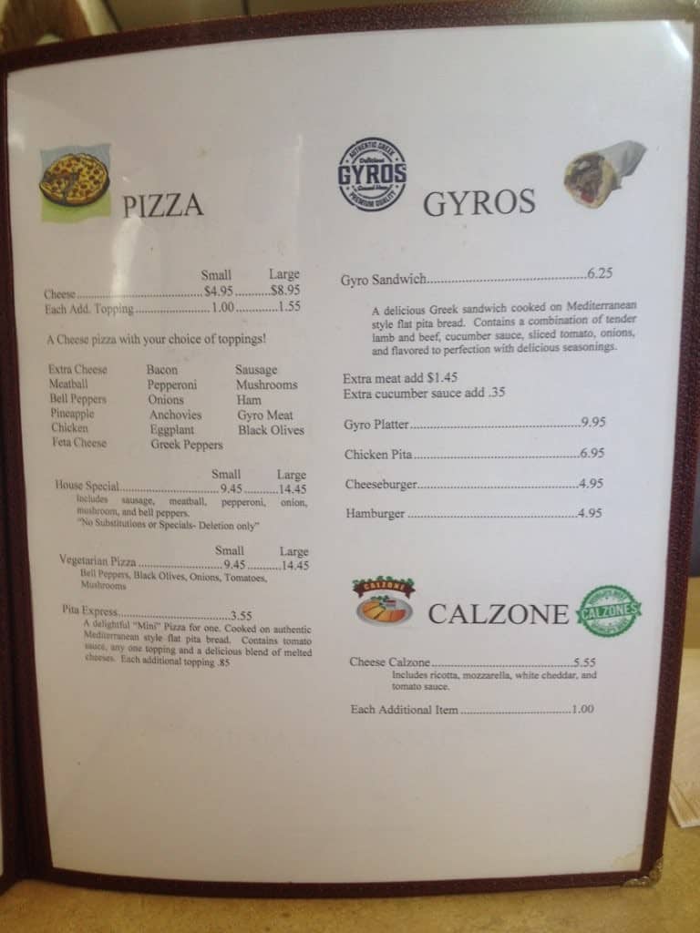 Menu at ABC Pizza restaurant, Bartow