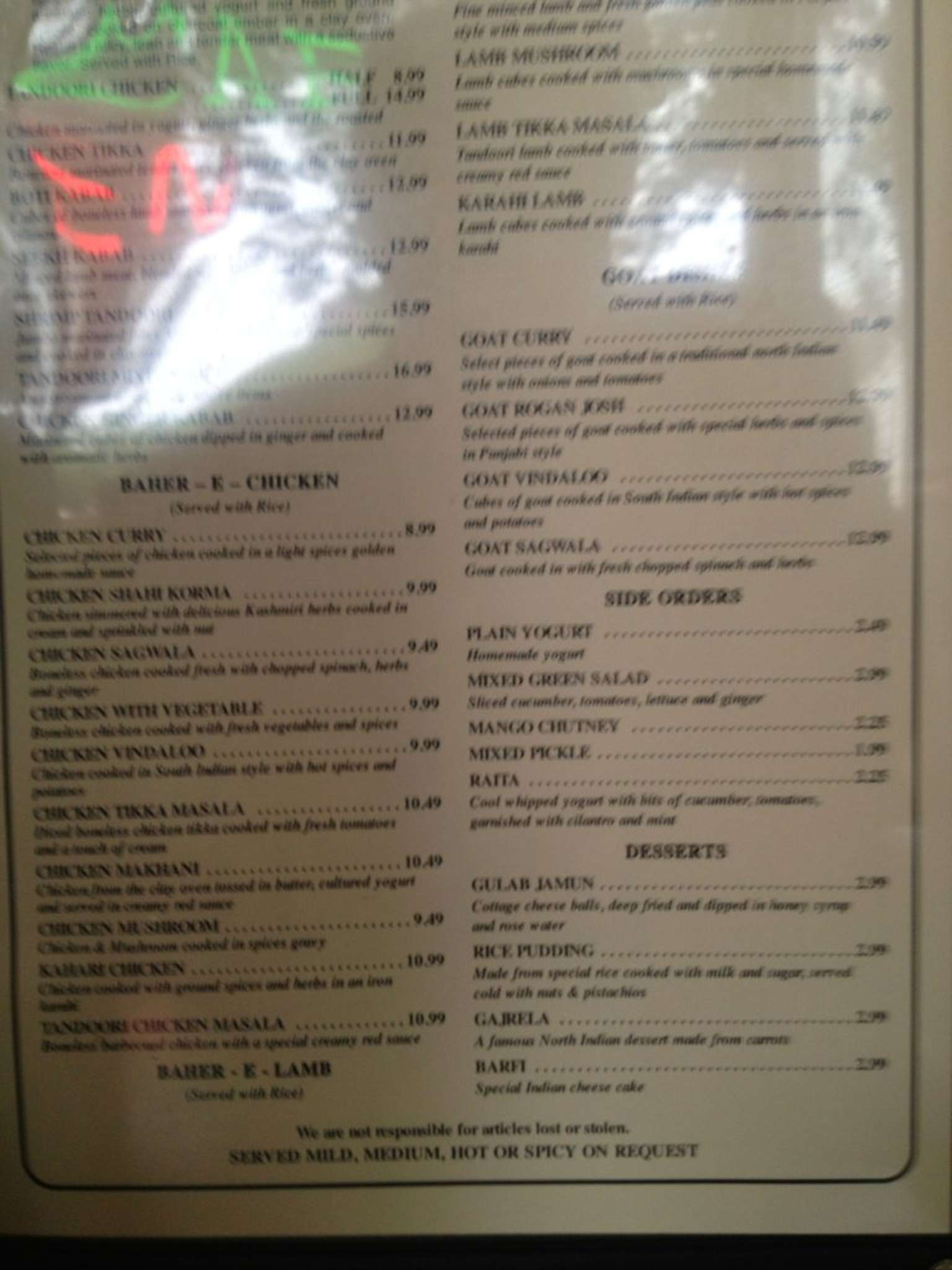 Menu at India Cafe, Iowa City