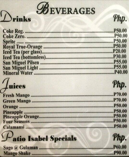 Carta del restaurante Patio Isabel, Cebú, 8WP7+P2M