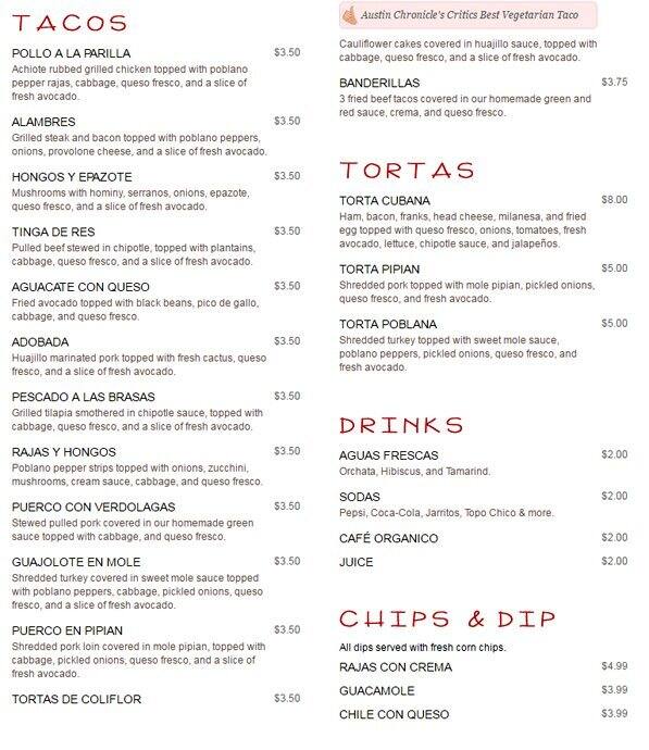 Carta del restaurante Papalote Taco House, Austin, S Lamar Blvd