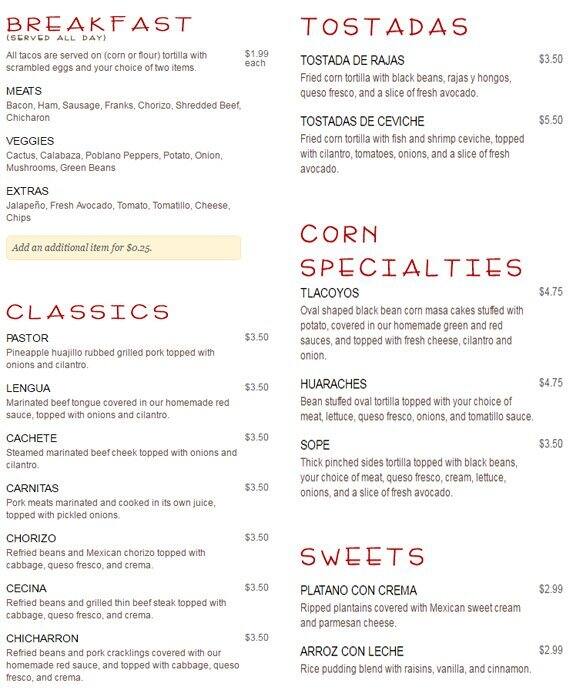 Carta del restaurante Papalote Taco House, Austin, S Lamar Blvd