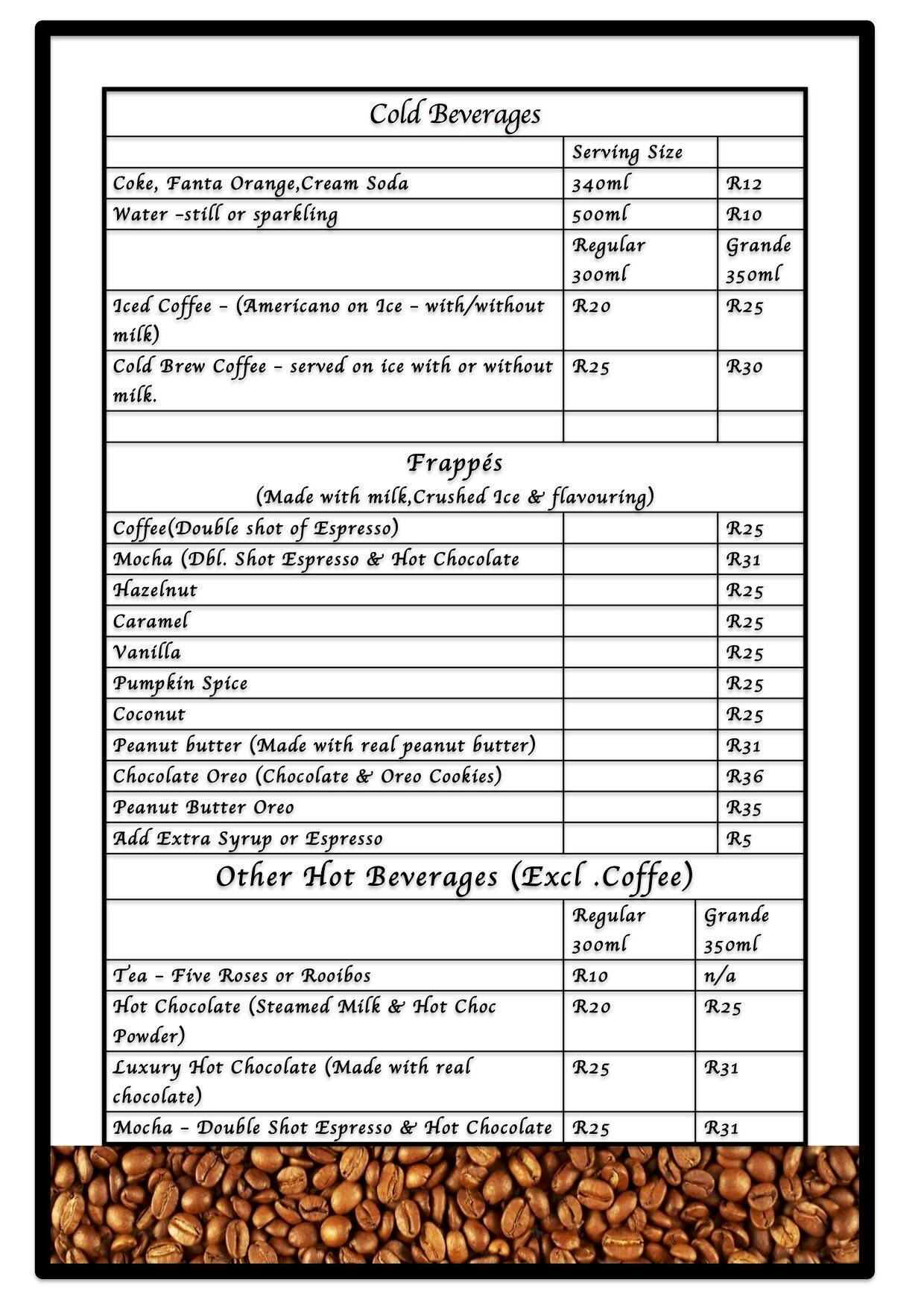 Menu at Heavenly Coffees cafe, South Africa