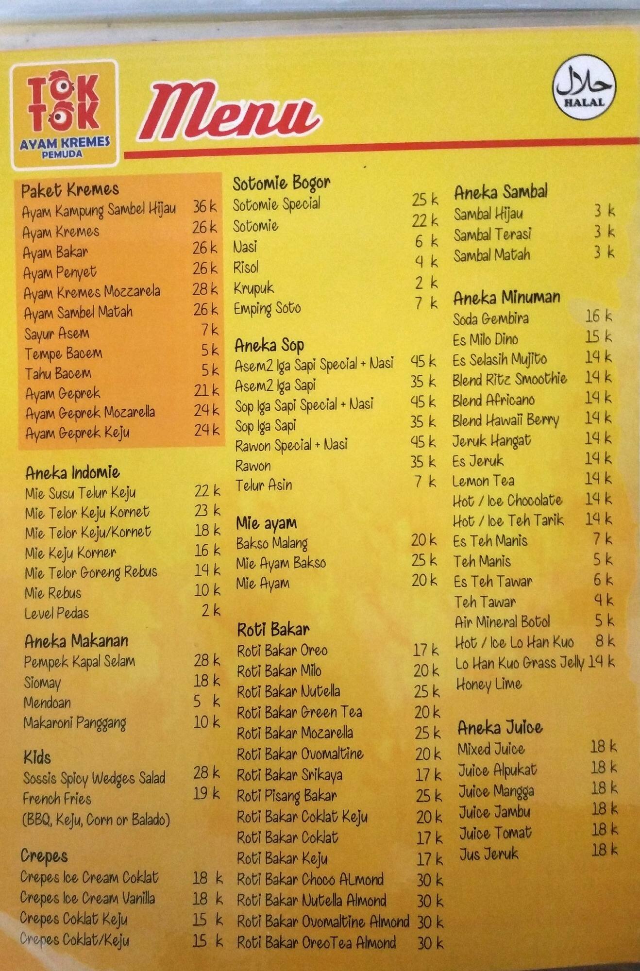 Menu at Tok Tok Ayam Kremes restaurant, Jakarta