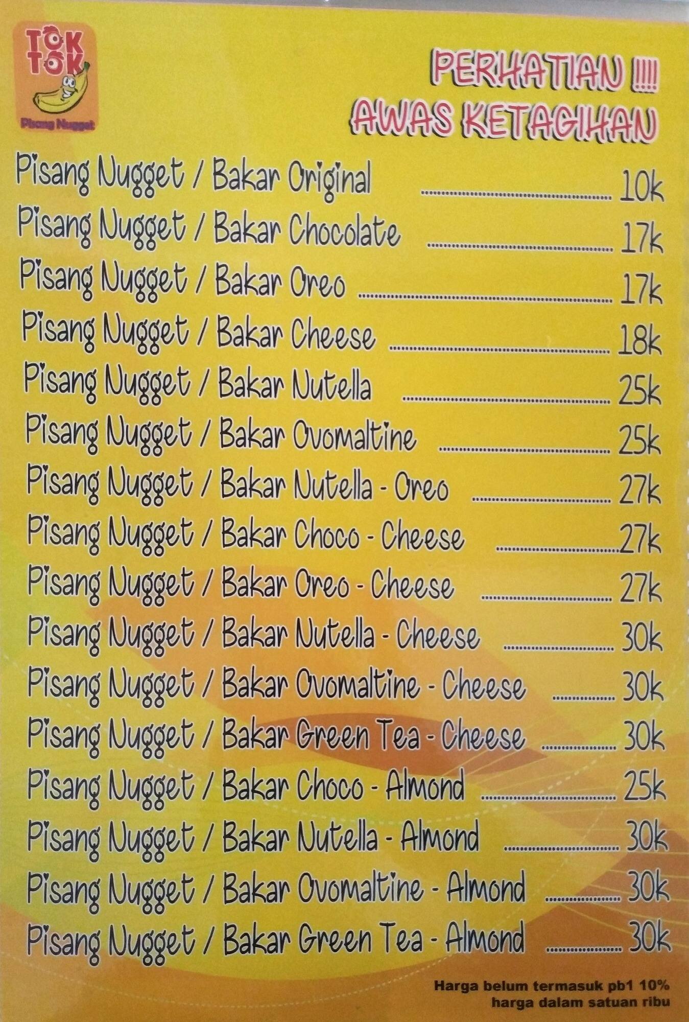 Menu at Tok Tok Ayam Kremes restaurant, Jakarta