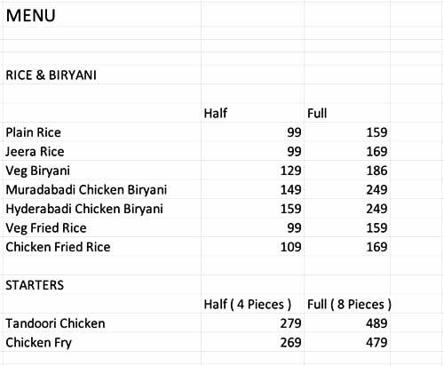 Menu of Biryani Begum, Worli, Mumbai