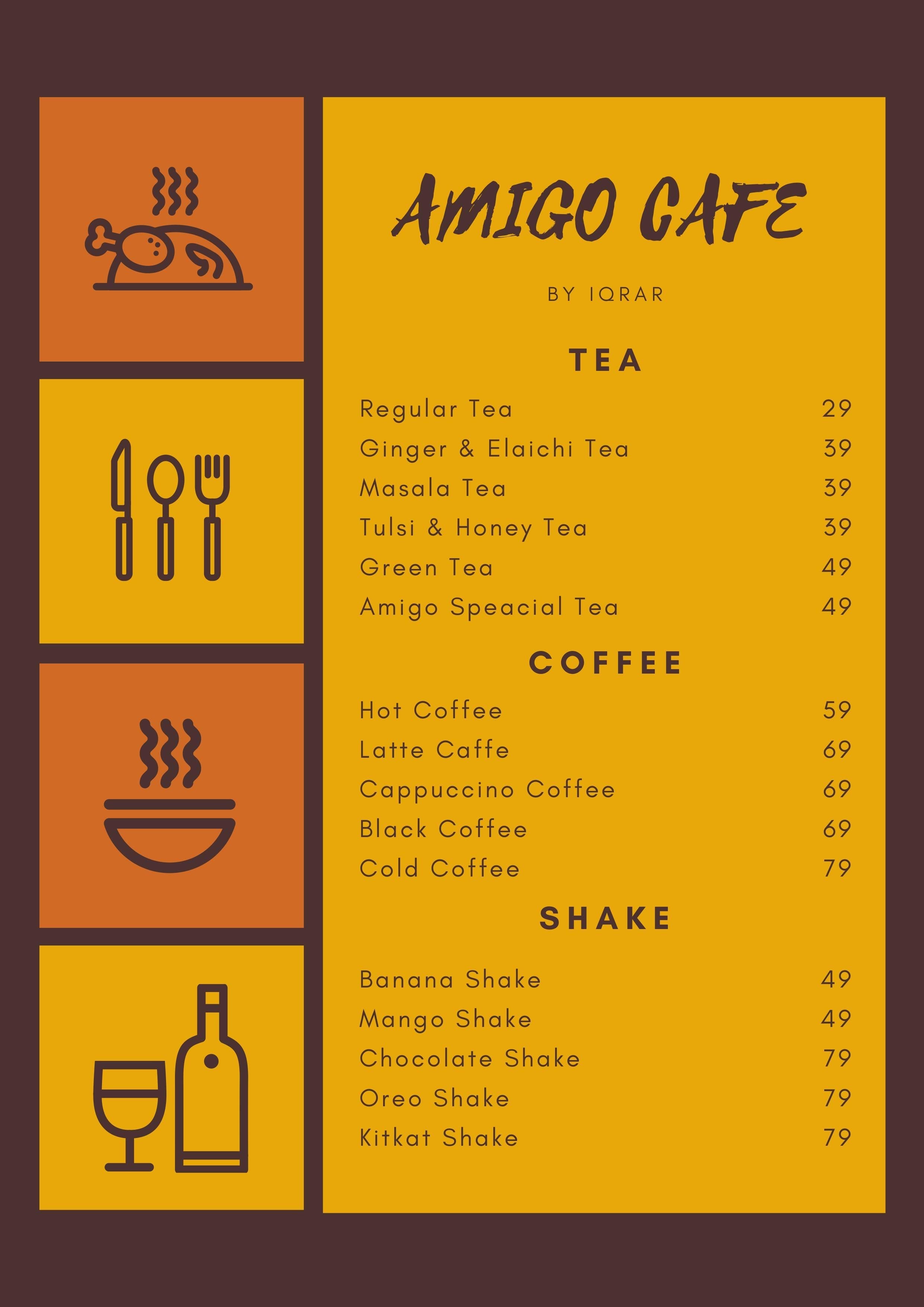 Menu at Amigo Cafe, New Delhi