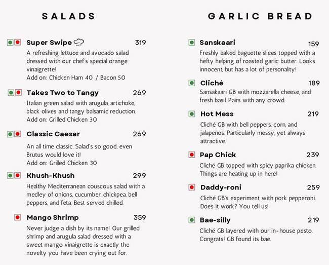 Menu of Swipe Right, Sector 50, Gurgaon