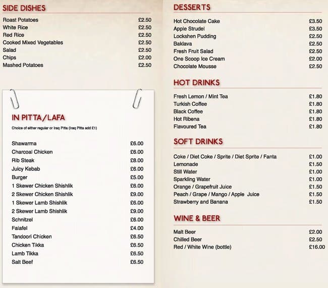Menu at Sami's fast food, Edgware, 313 Hale Ln