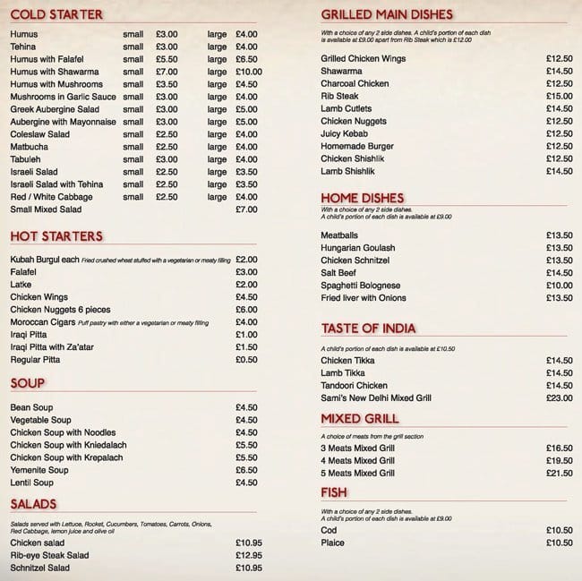 Menu at Sami's fast food, Edgware, 313 Hale Ln