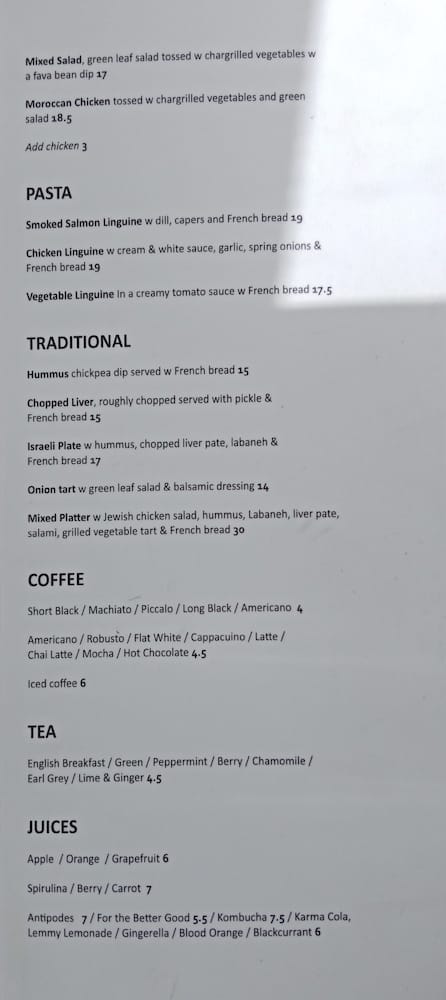 Menu at Dizengoff cafe, Auckland