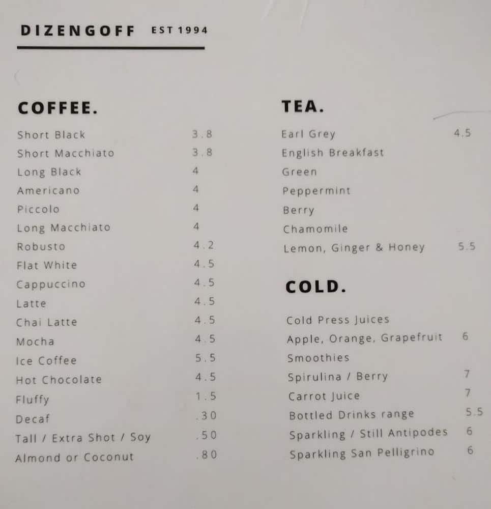 Menu at Dizengoff cafe, Auckland