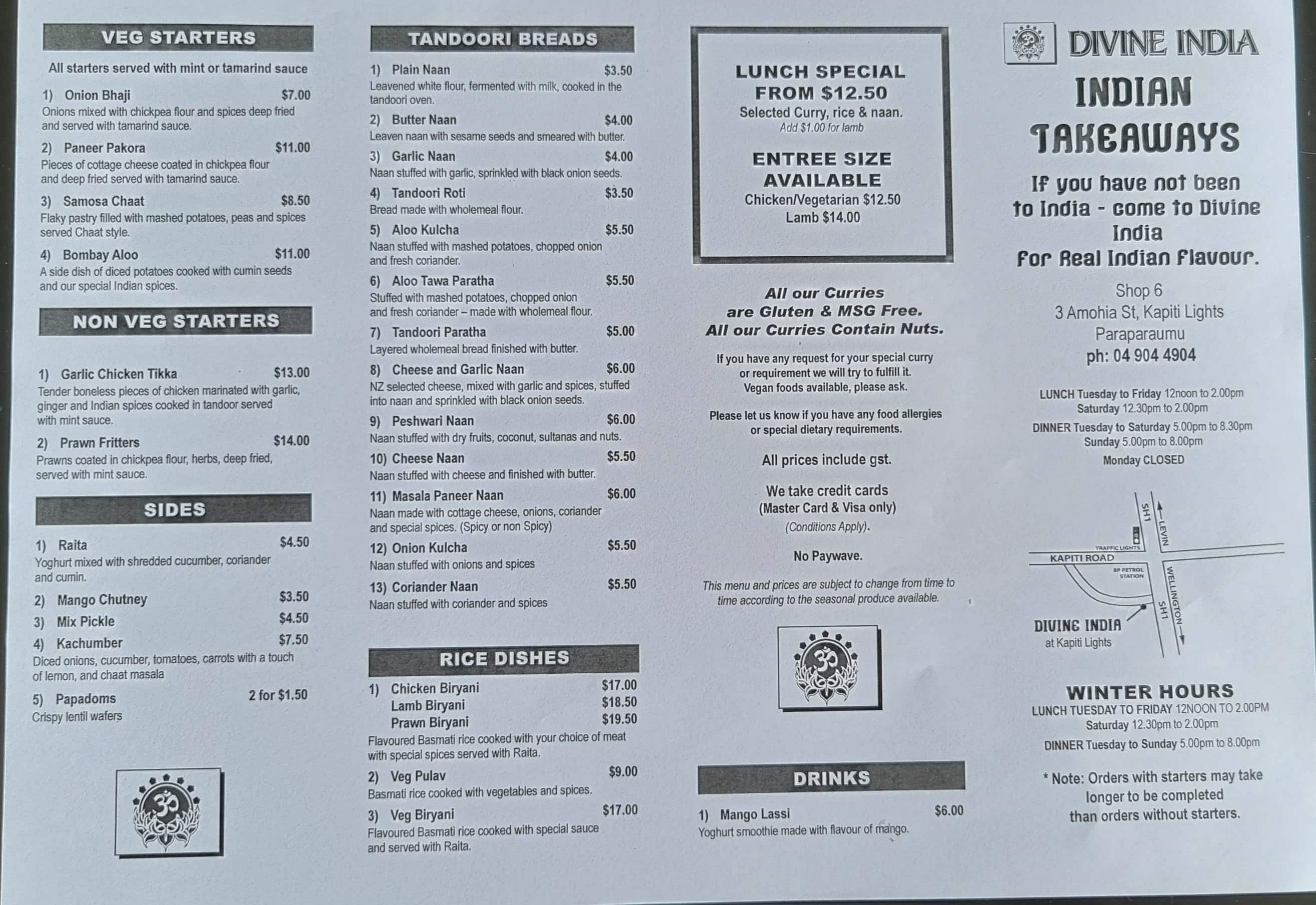 Menu at Divine India restaurant, Paraparaumu
