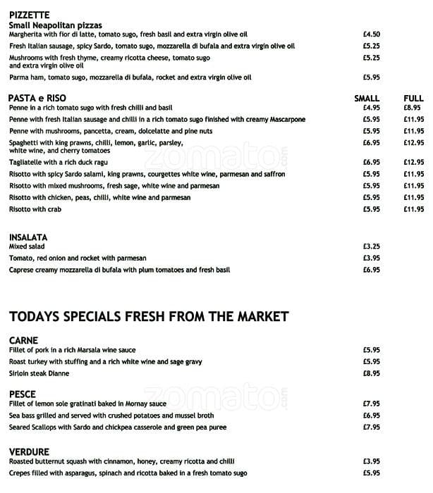 Menu at Italian Caffe restaurant, Glasgow